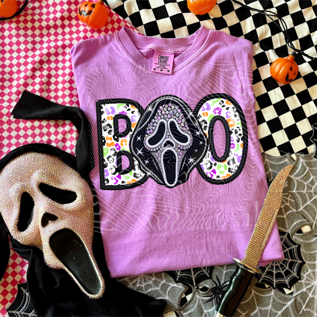 Boo with bling on ghost face – Plaid Panther DTF Transfers